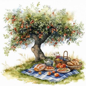 14 Doing Picnic Under a Tree Clipart Bundle, Watercolor Summer ...