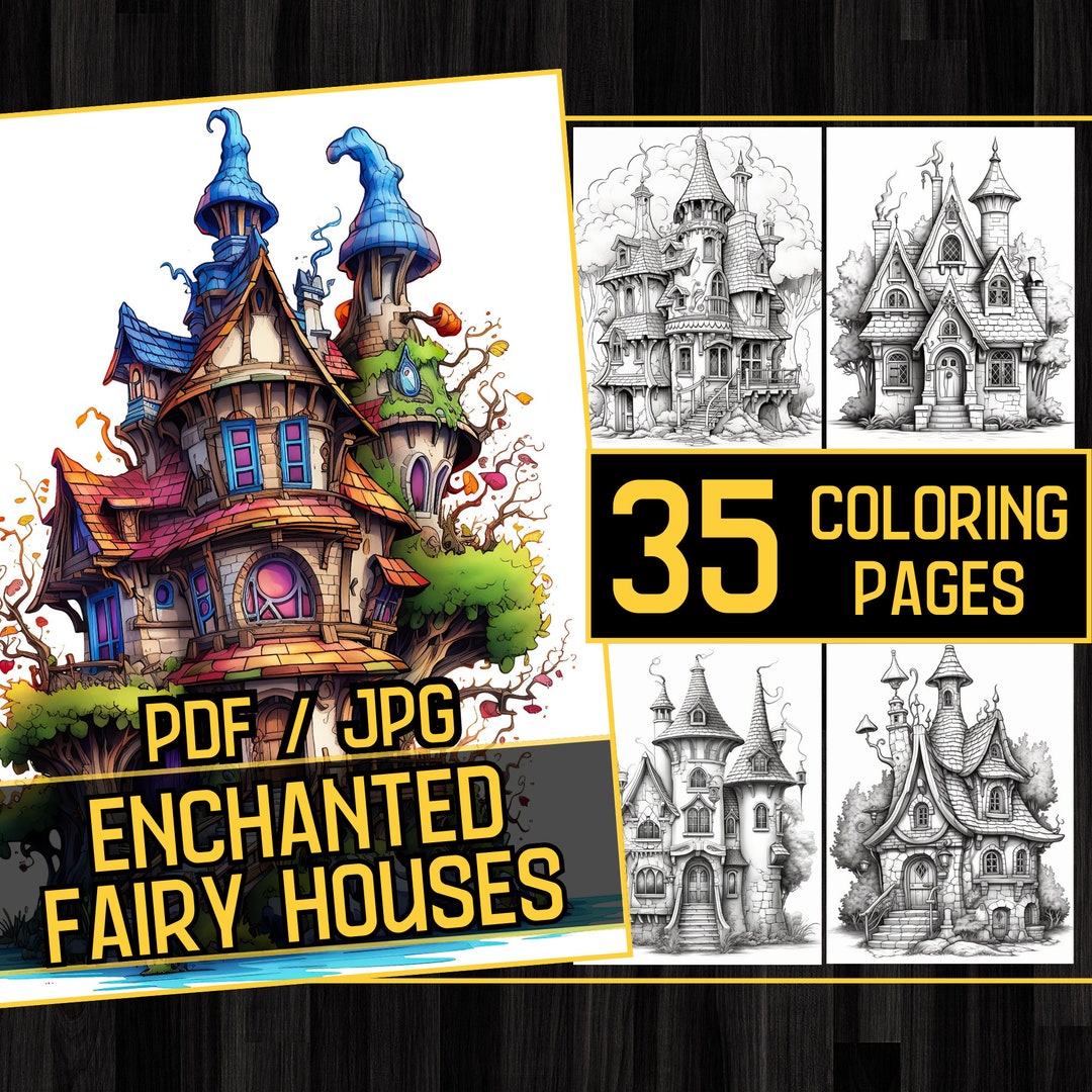Enchanted Fairy Houses 35 Coloring Page Book, Grayscale House Coloring ...