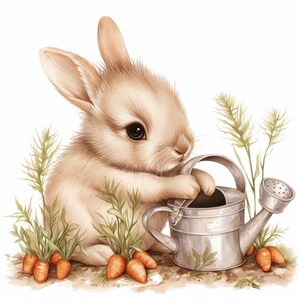10 Bunny Watering Carrot Clipart Bundle, Cute Rabbit Illustration ...