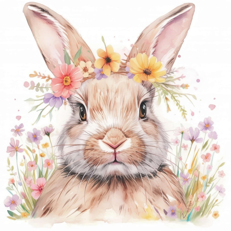 18 Floral Bunny Clipart Bundle, Easter Bunny Illustrations, Printable ...