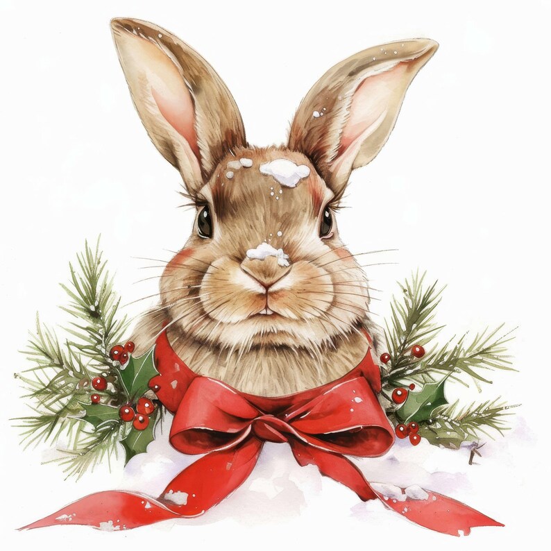 15 Christmas Bunny Clipart Set, Fluffy Bunny Illustrations, Printable ...