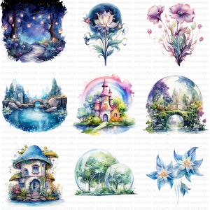 Watercolor Magical Gardens Clipart Bundle, Fantasy Fairy Garden Clipart ...