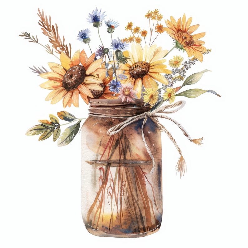 20 Boho Flowers in Vase Clipart Bundle, Daisy, Printable Watercolor ...