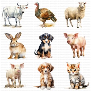 Watercolor Farm Animals Clipart | Horse, Donkey, Pig, Cow, Rabbit, Duck ...