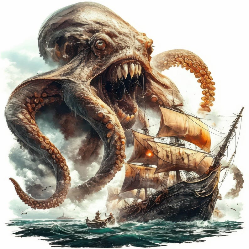 10 Kraken and Ship Clipart Bundle, Nautical Monster Illustrations ...