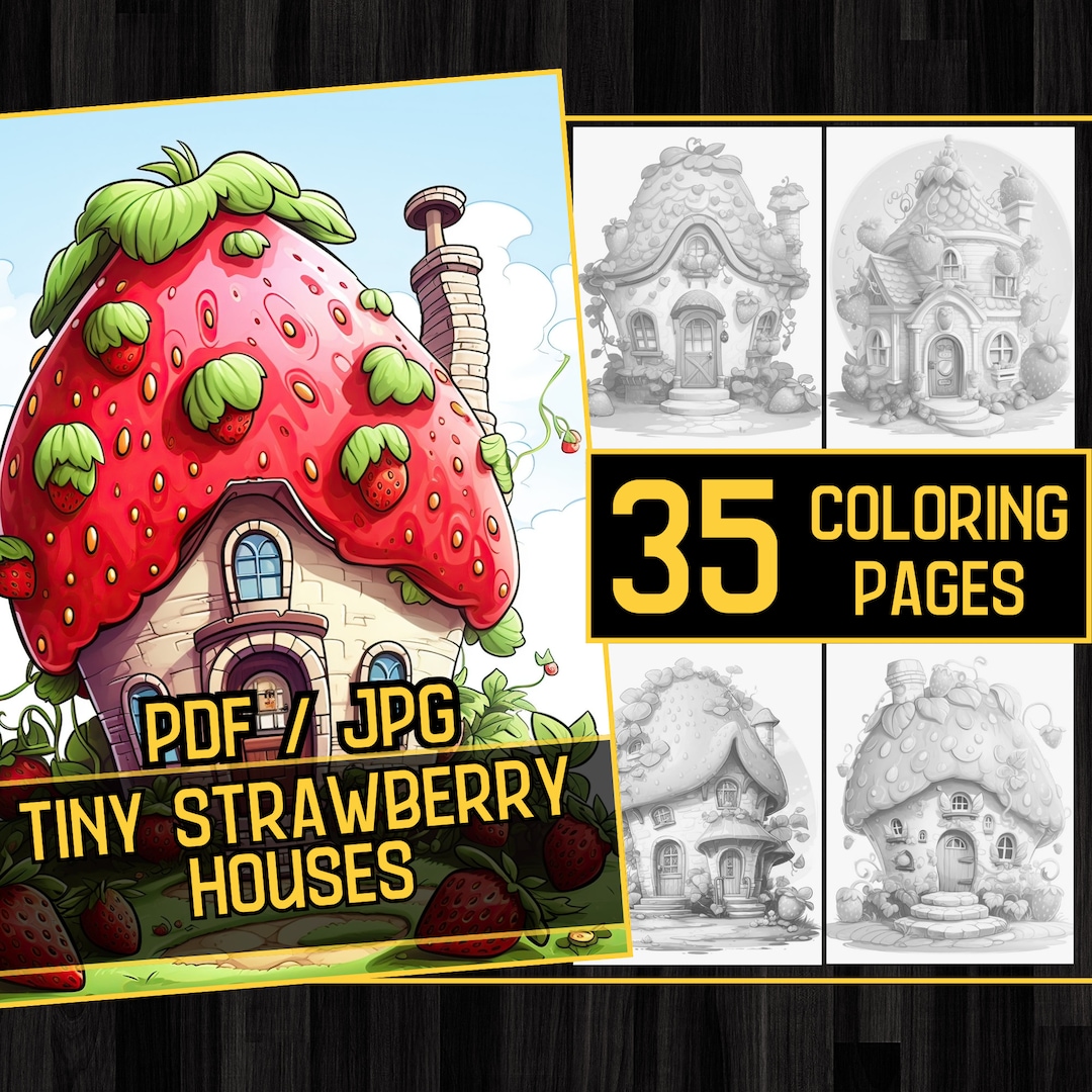 Tiny Strawberry Houses 35 Coloring Page Book, Grayscale House Coloring ...