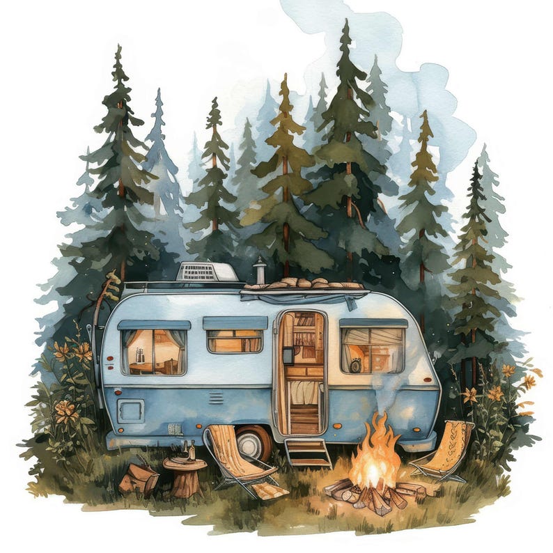 14 Camping Van Clipart Set, Printable Watercolor Camping Clipart, High ...
