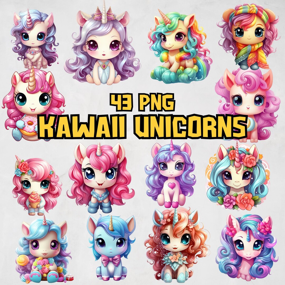 Watercolor Kawaii Unicorns Clipart Bundle, Magical Fantasy, Cute PNG ...