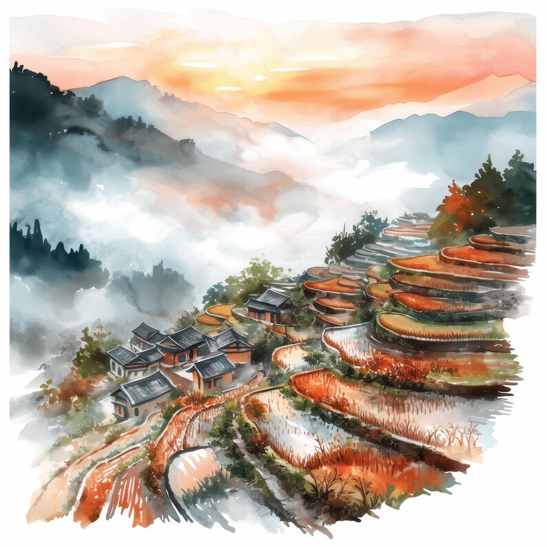 10 Rice Terrace Sunrise Clipart Bundle, Serene Illustrations, Printable ...