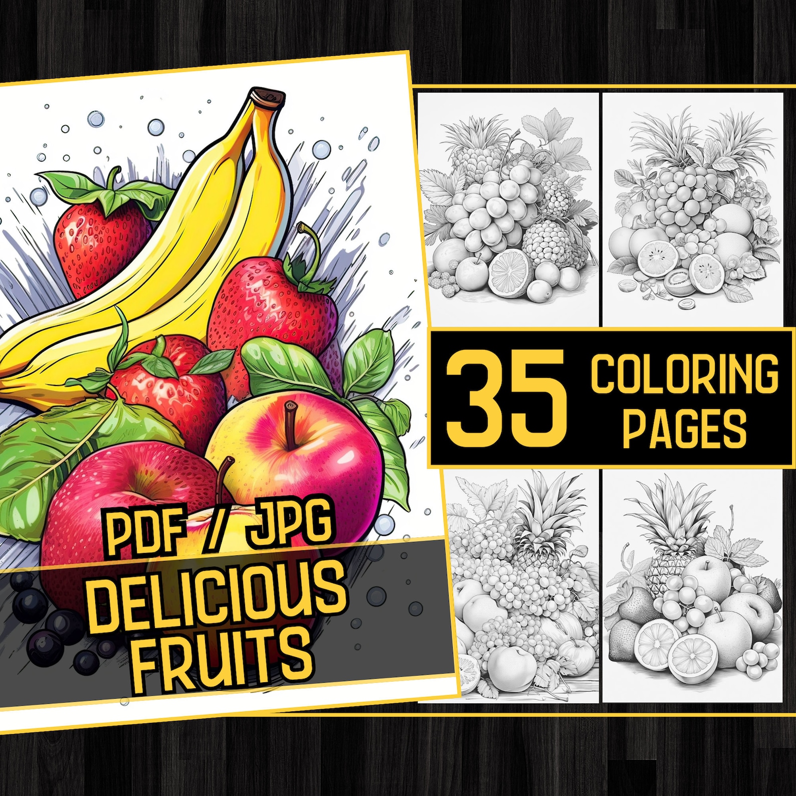Delicious Fruits 35 Coloring Page Book Grayscale Fruit - Etsy