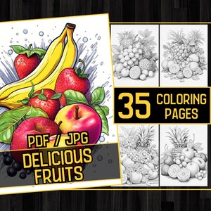 Delicious Fruits 35 Coloring Page Book, Grayscale Fruit Coloring ...