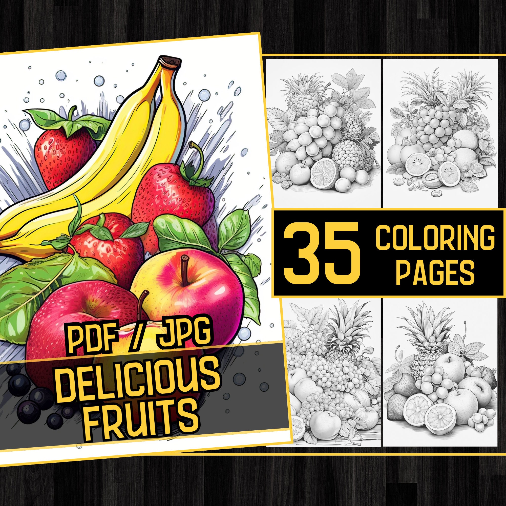 Delicious Fruits 35 Coloring Page Book Grayscale Fruit - Etsy