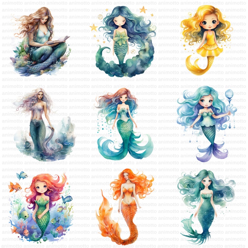 Watercolor Mermaids Clipart Bundle, Underwater Clipart Set, Magical Sea ...