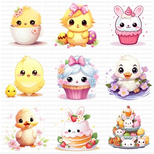 Watercolor Kawaii Easter Clipart Bundle, Cute Colorful Bunny Clipart ...