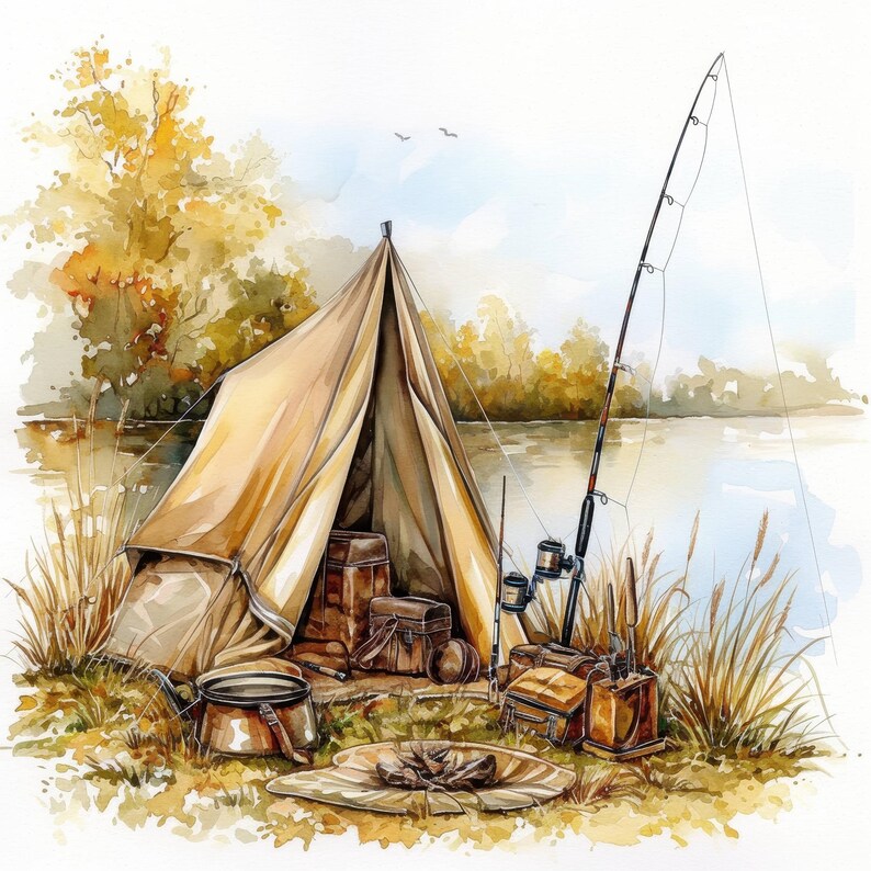 11 Fishing Tent Clipart Bundle, Lakeside Fishing Illustrations ...