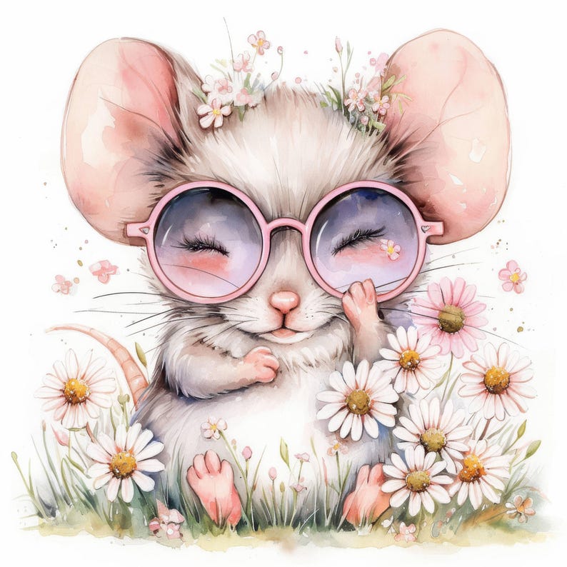 16 Cute Mouse With Flowers Clipart Illustration Bundle, Printable ...