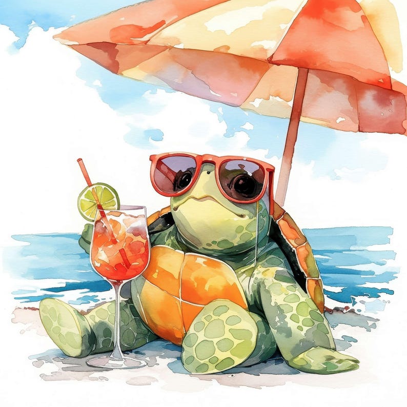 11 Turtle on Vacation Clipart, Beach Images, Printable Watercolor ...
