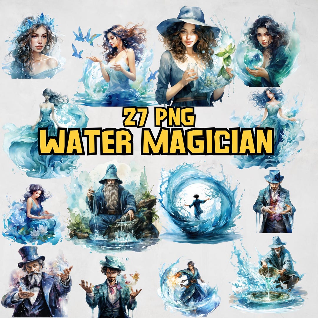 Watercolor Water Magician Clipart Bundle, Magician Clipart Set, Wizard ...