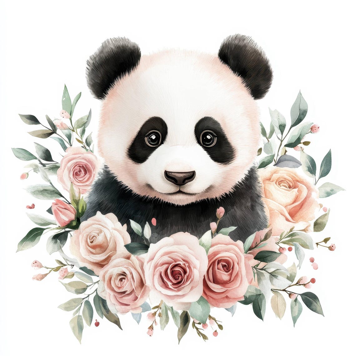 16 Panda With Roses Clipart Bundle, Printable Watercolor Illustrations ...