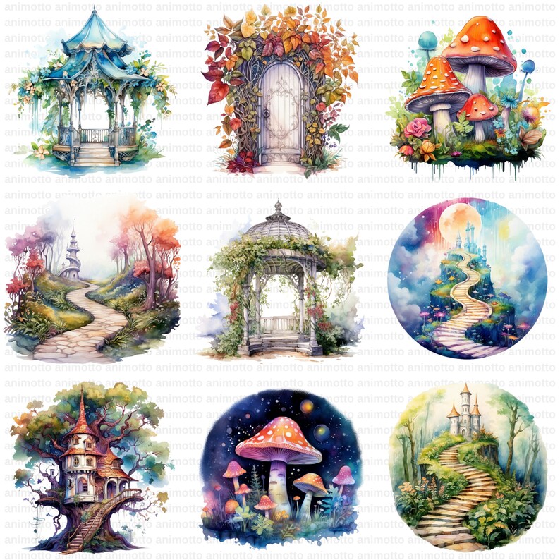 Watercolor Magical Gardens Clipart Bundle, Fantasy Fairy Garden Clipart ...