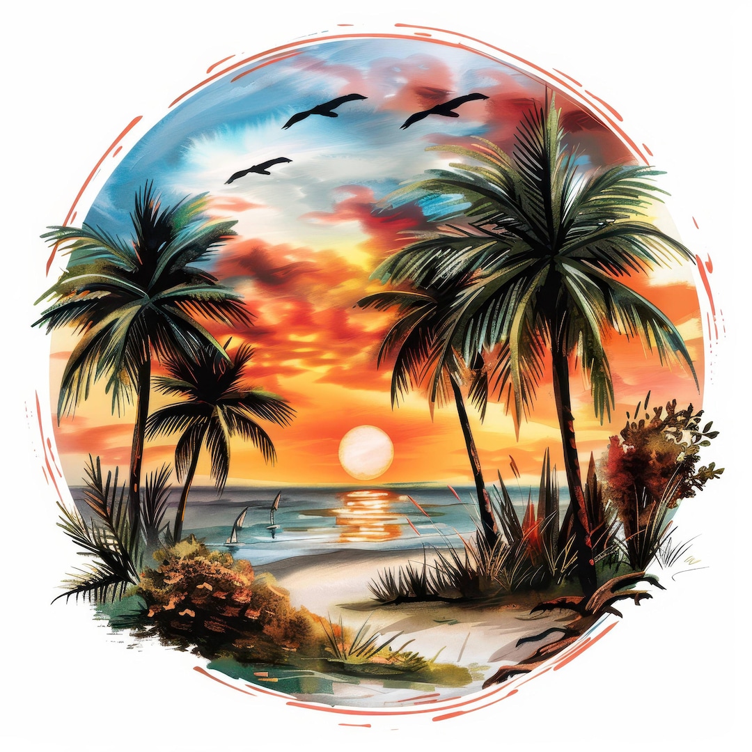 15 Tropical Sunset Circle Clipart Illustration Bundle, Printable ...