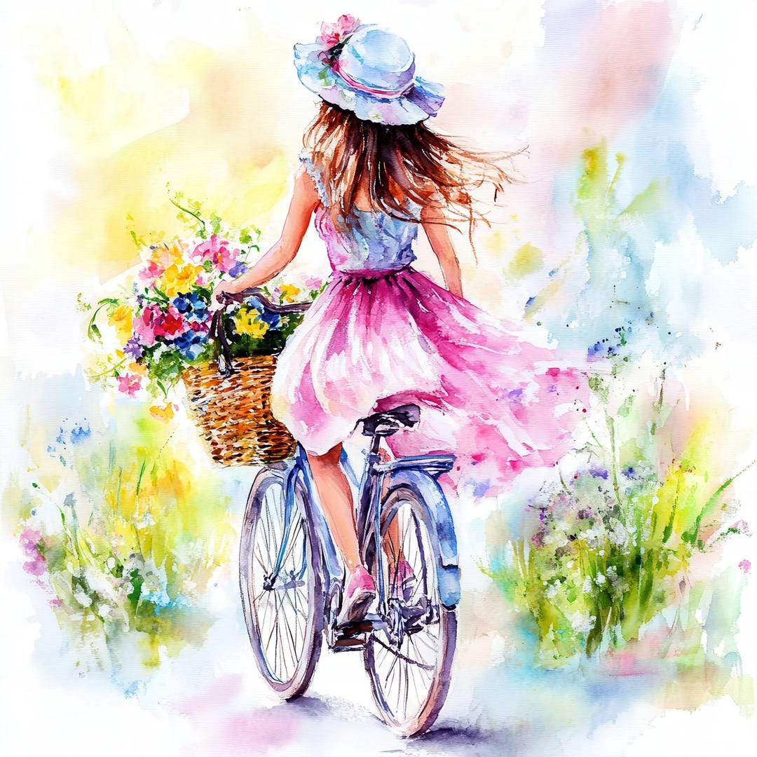 13 Printable Watercolor Woman With Bicycle Clipart Bundle, Floral ...