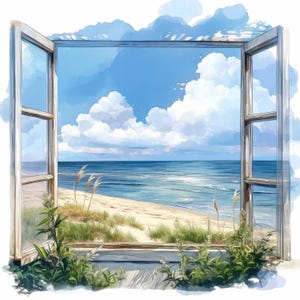 25 Window to Beach View Clipart Illustration Bundle, Printable ...