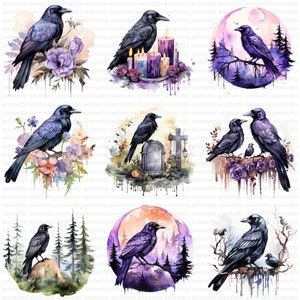 Watercolor Ravens Clipart Bundle, Black Bird, Gothic Animal, Dark and ...