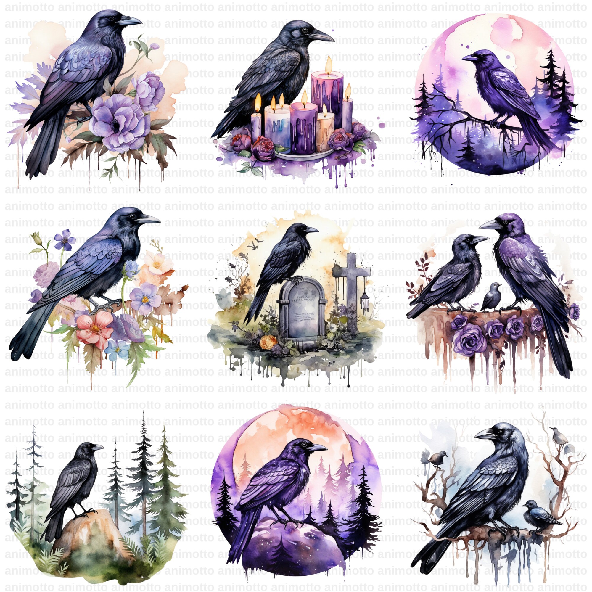 Watercolor Ravens Clipart Bundle, Black Bird, Gothic Animal, Dark and ...
