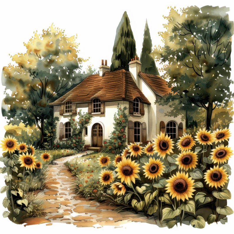 18 Sunflower Pathway Clipart Illustration Bundle, Printable Watercolor ...