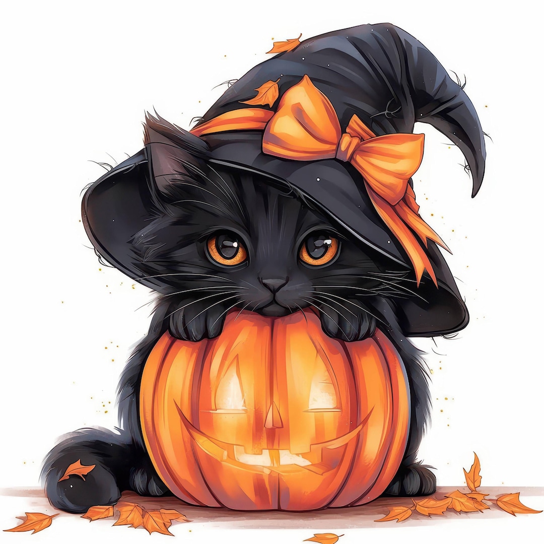 15 Cute Halloween Black Cats Printable Watercolor Clipart , Halloween ...