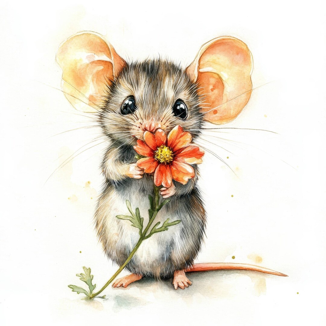 15 Mouse With Red Flowers Clipart Bundle, Printable Watercolor Mice ...
