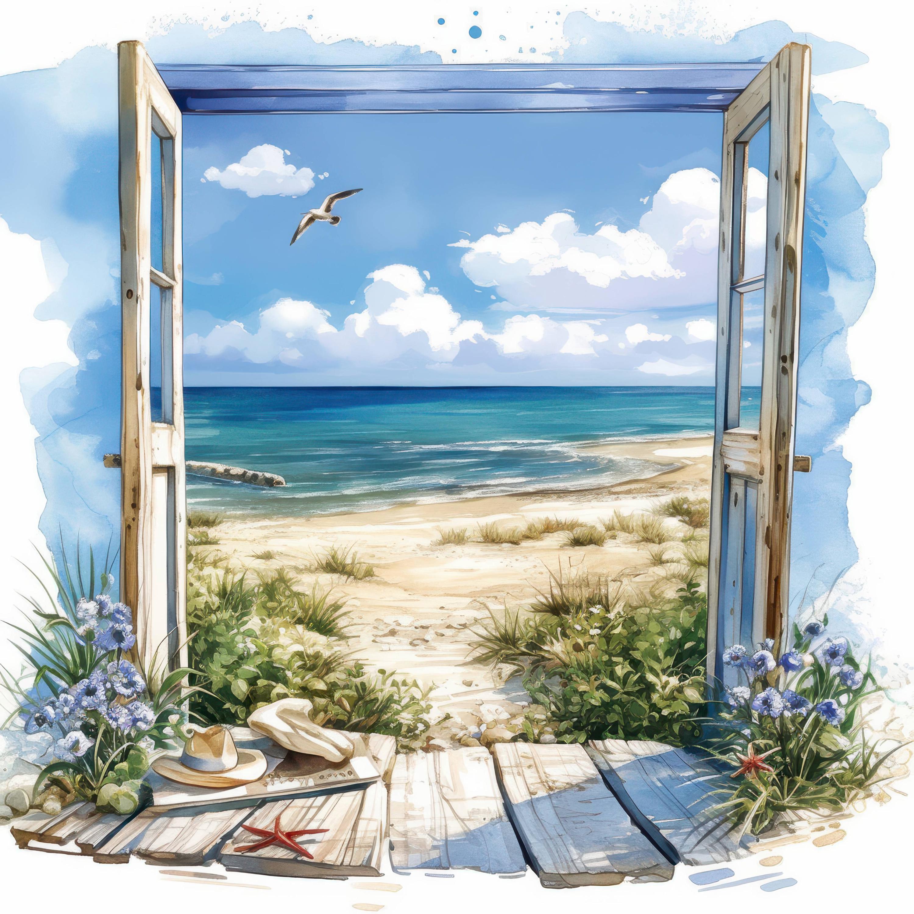 25 Window to Beach View Clipart Illustration Bundle, Printable ...