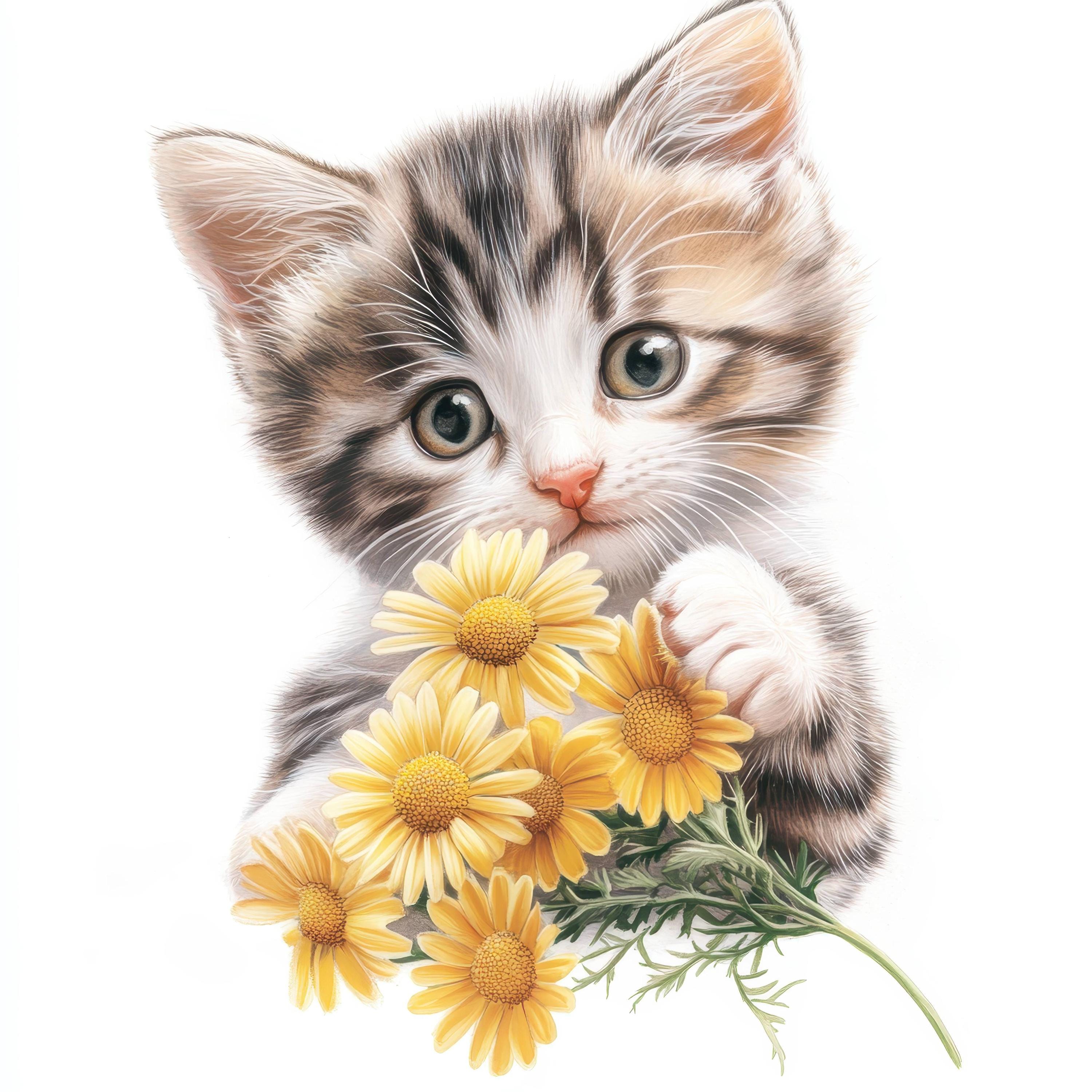 26 Kitten With Daisies Clipart Bundle, Printable Watercolor Floral Cat ...