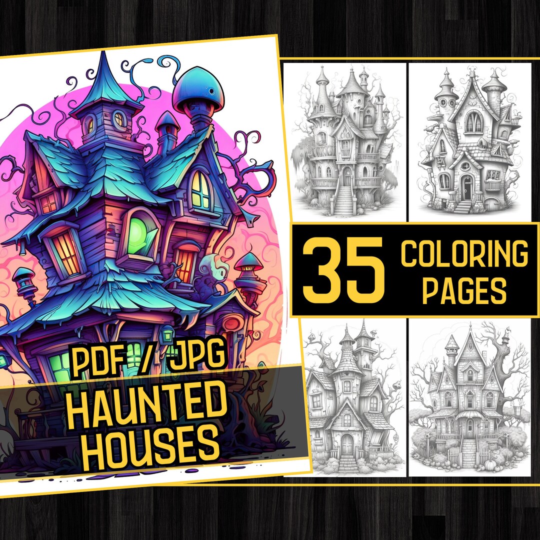 Haunted Houses Coloring Page Book, Grayscale House Coloring, Printable ...