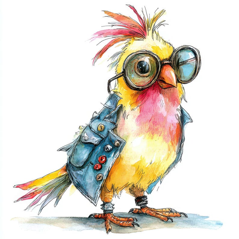 21 Punk Bird Clipart Set, Printable Watercolor Whimsical Birds Clipart ...