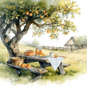 14 Doing Picnic Under a Tree Clipart Bundle, Watercolor Summer ...
