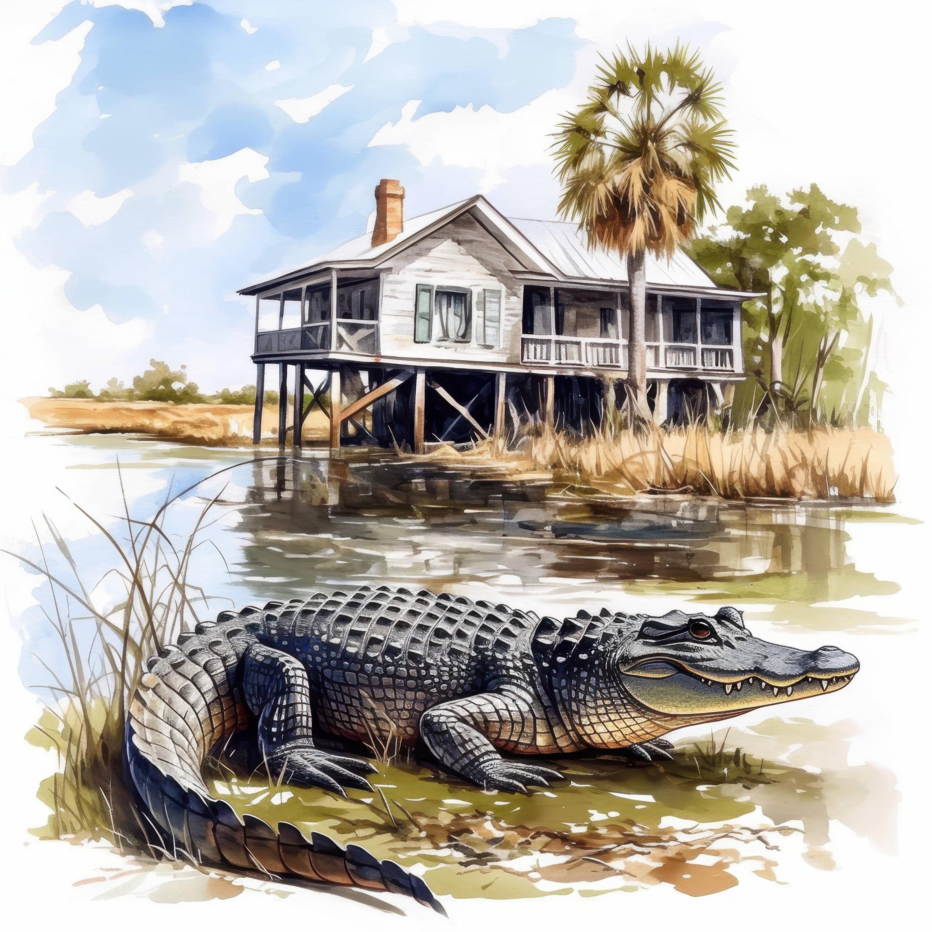 10 Old Shack on Bayou Clipart Bundle, Swamp Landscape Illustration ...
