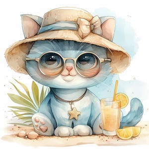 10 Summer Cats Clipart Bundle, Printable Watercolor Summer Kitten ...