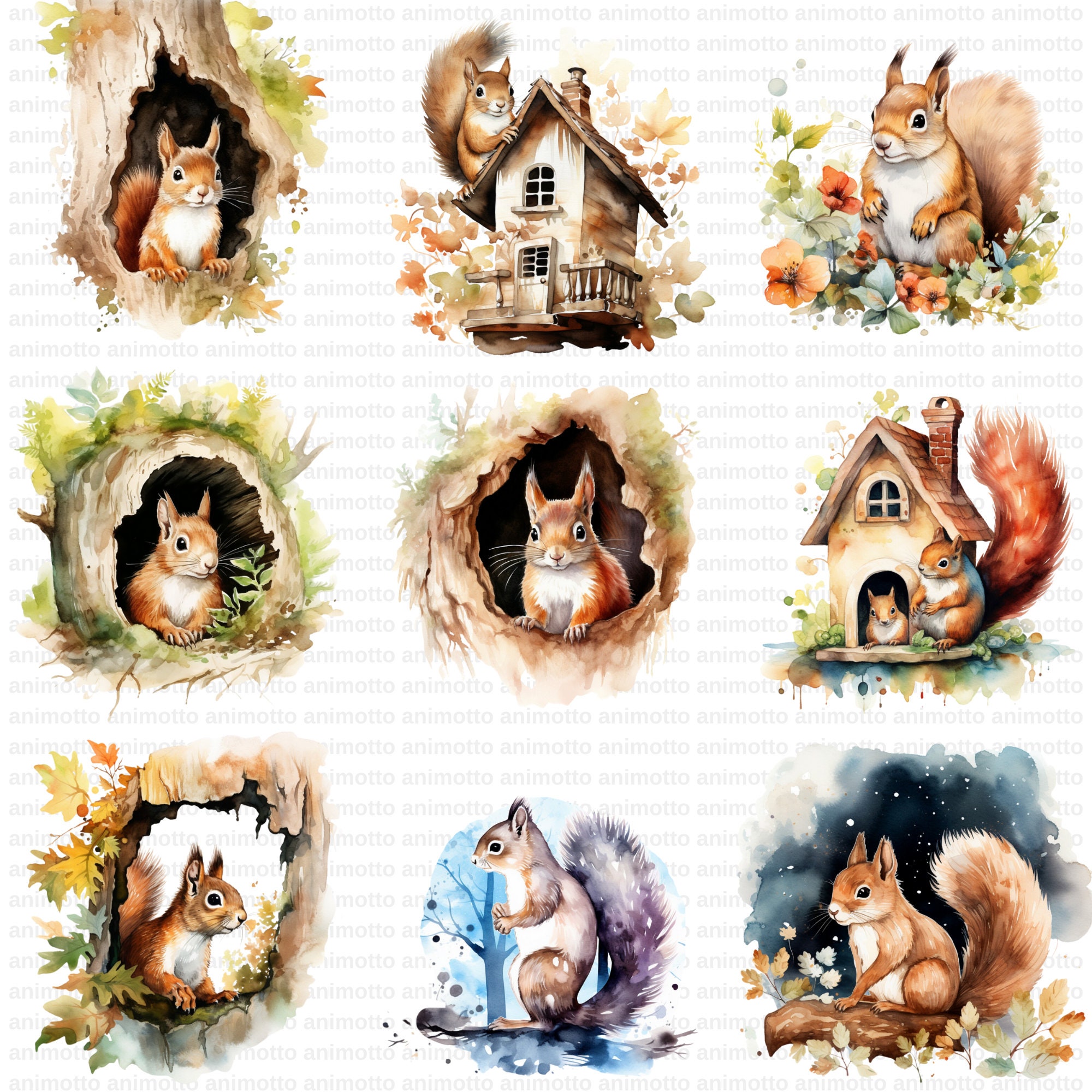 Watercolor Squirrels Clipart Bundle, Happy Squirrel PNG Graphics ...
