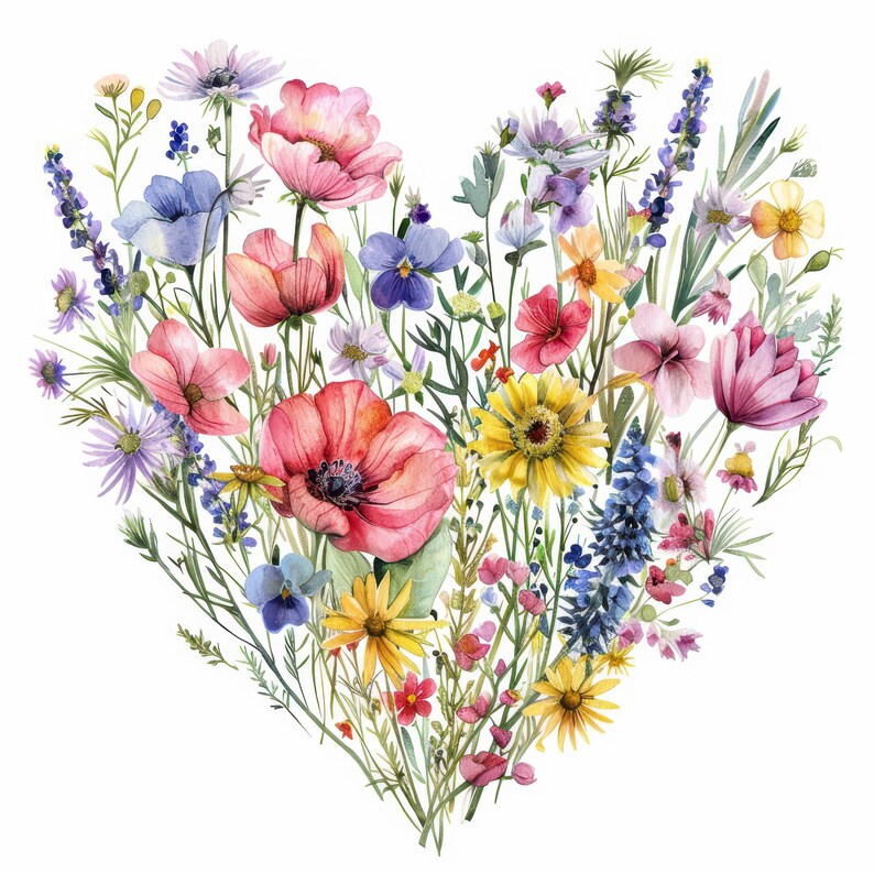 13 Floral Heart Clipart Bundle, Wildflower Heart Illustrations, Digital ...