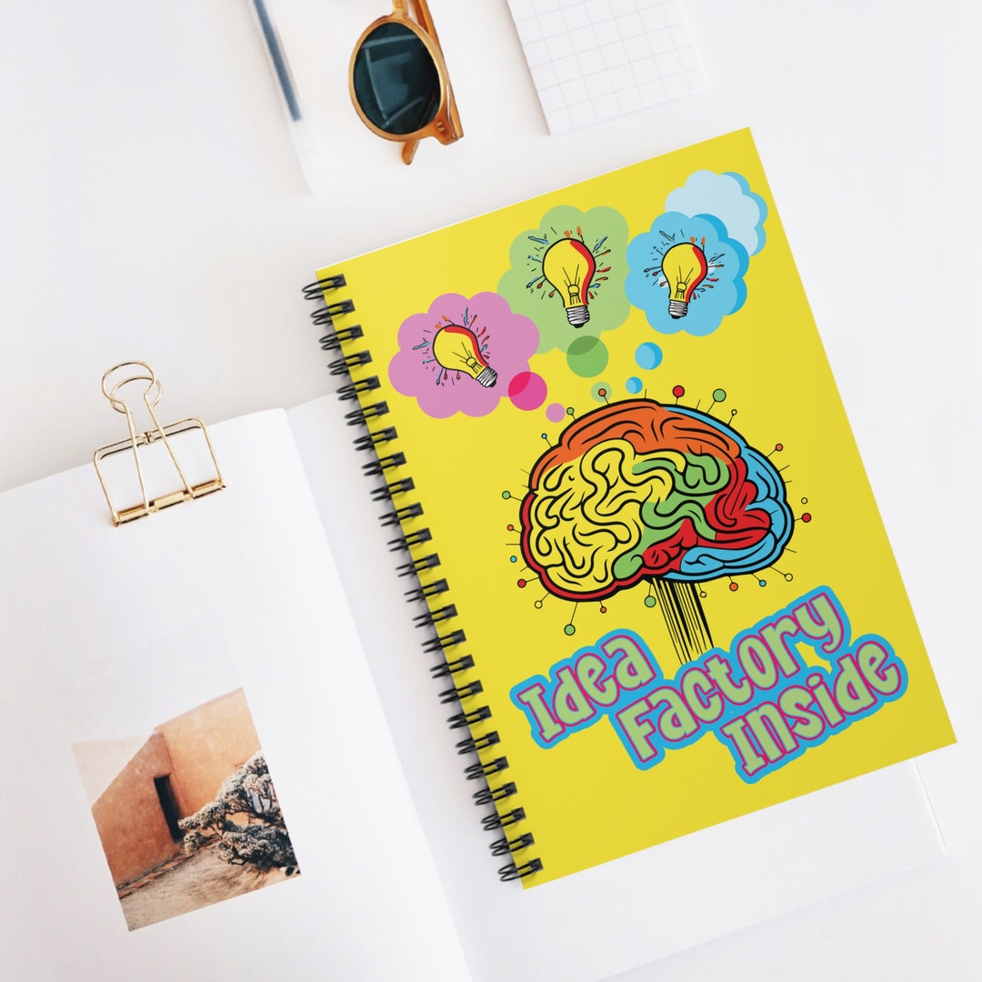 Idea Factory Inside Spiral Notebook, Brain and Lightbulbs Graphic ...
