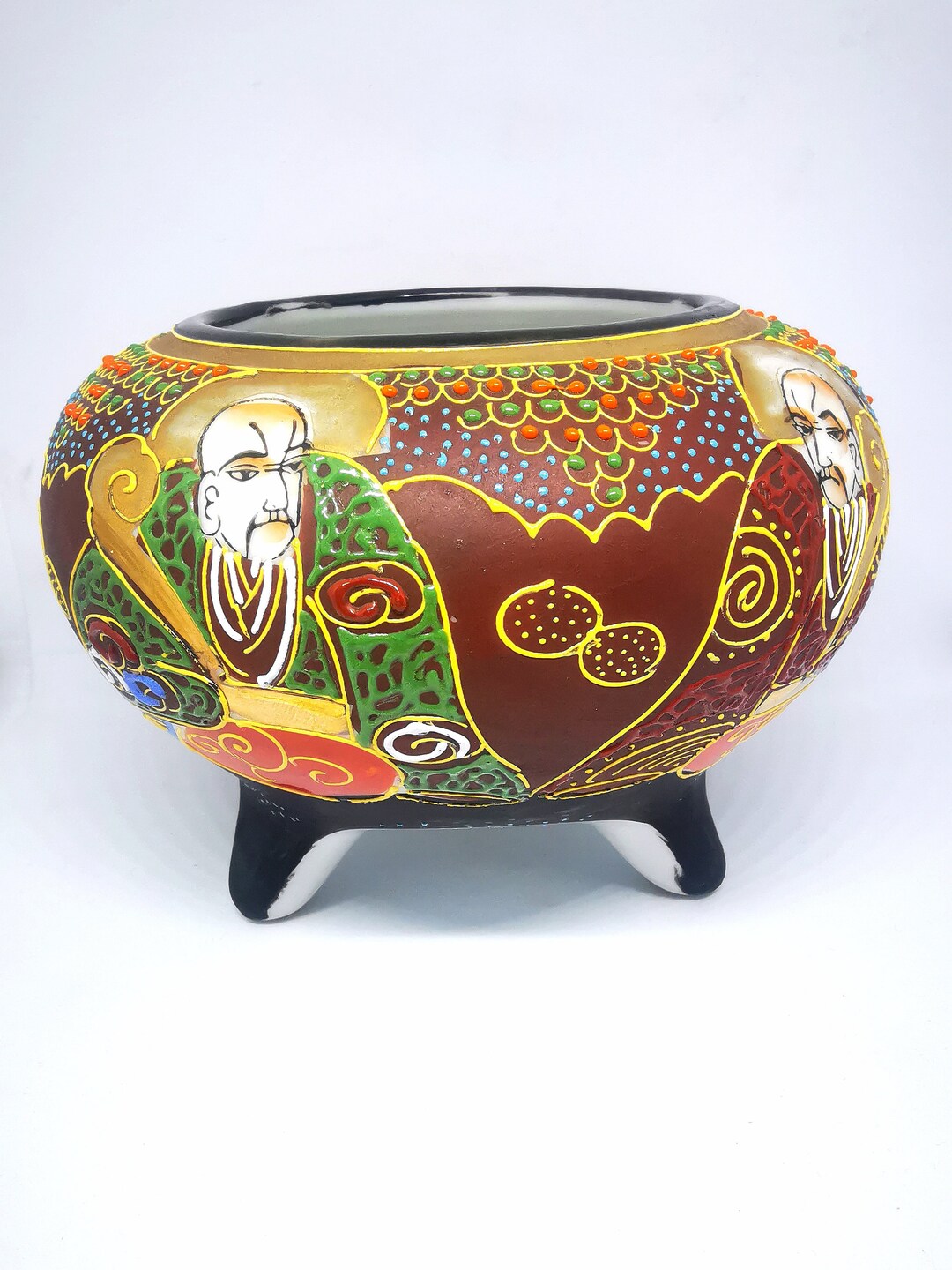 Extremely Rare Vintage Japanese Satsuma Tripod Vase With Handpainted ...