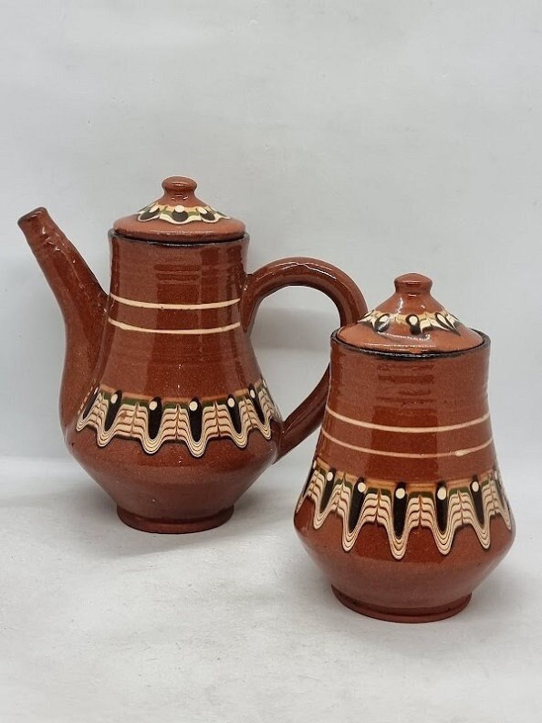 Rare Vintage Bulgarian Troyan Drip Glaze Terracotta Teapot and Jar With ...