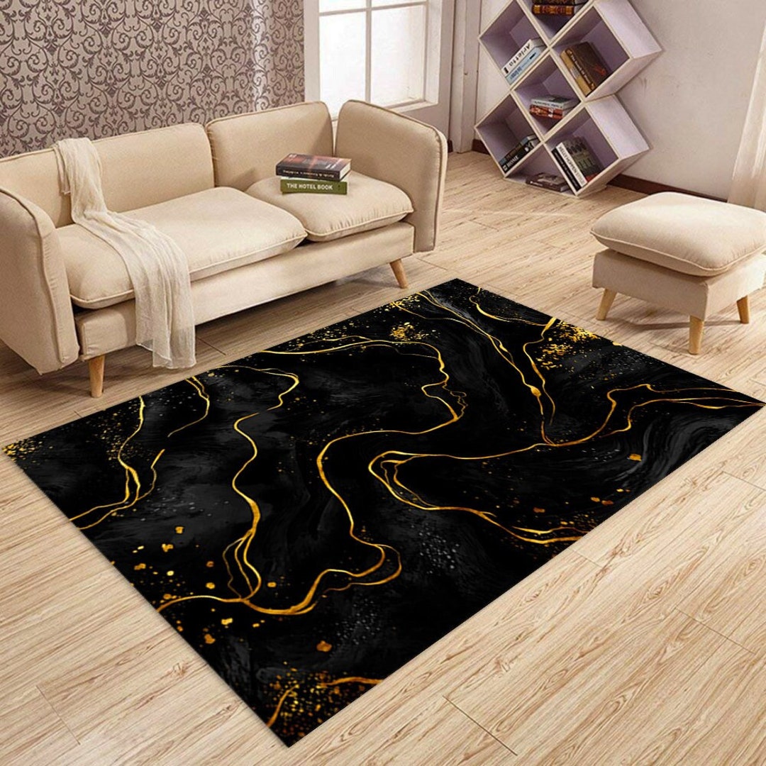 Marble Rug, Marble Patterned Rug, Black-golden Rug, Golden Detail Rug ...
