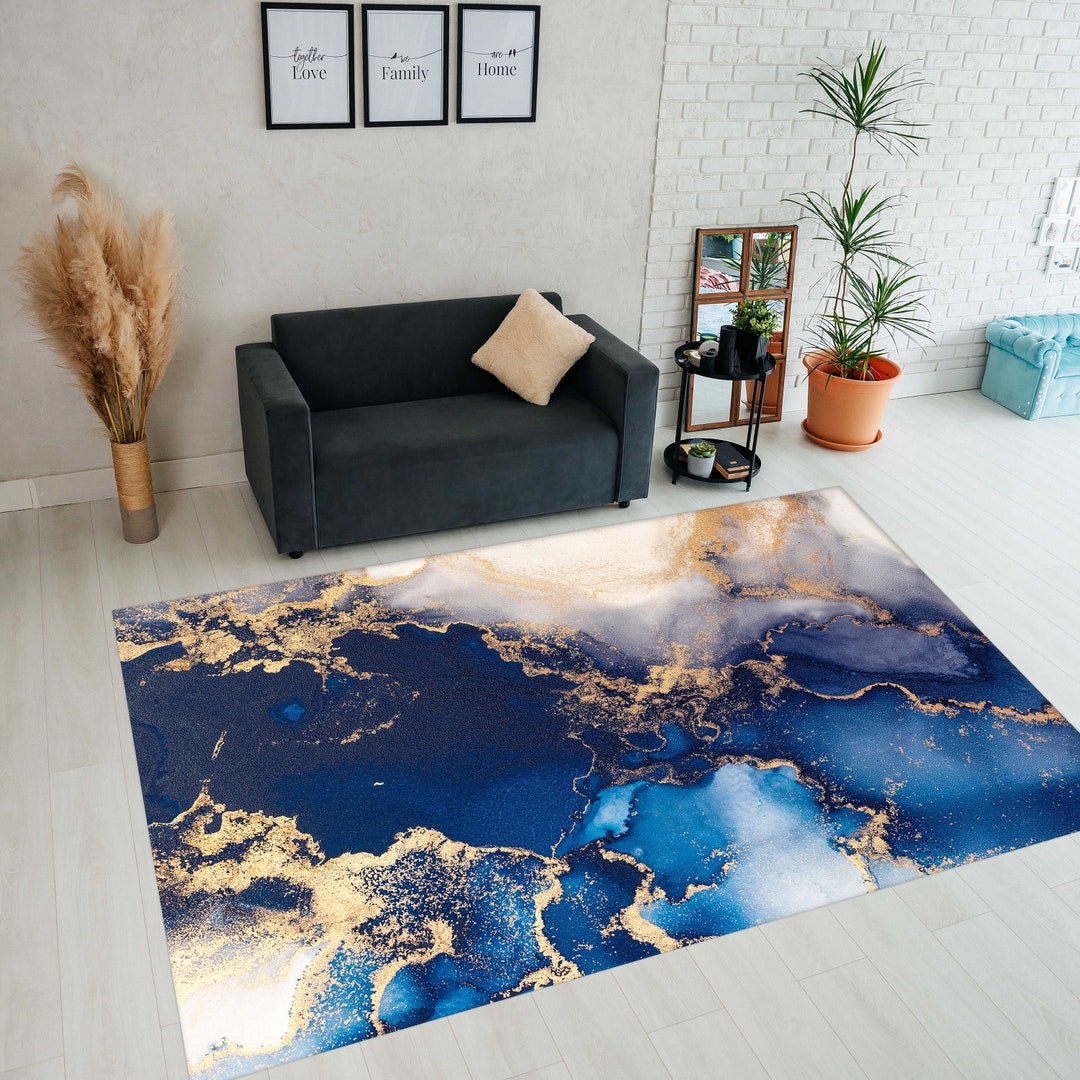 Marble Rug, Navy Blue Marble Rug, Marble Patterned Rug, Living Room Rug ...