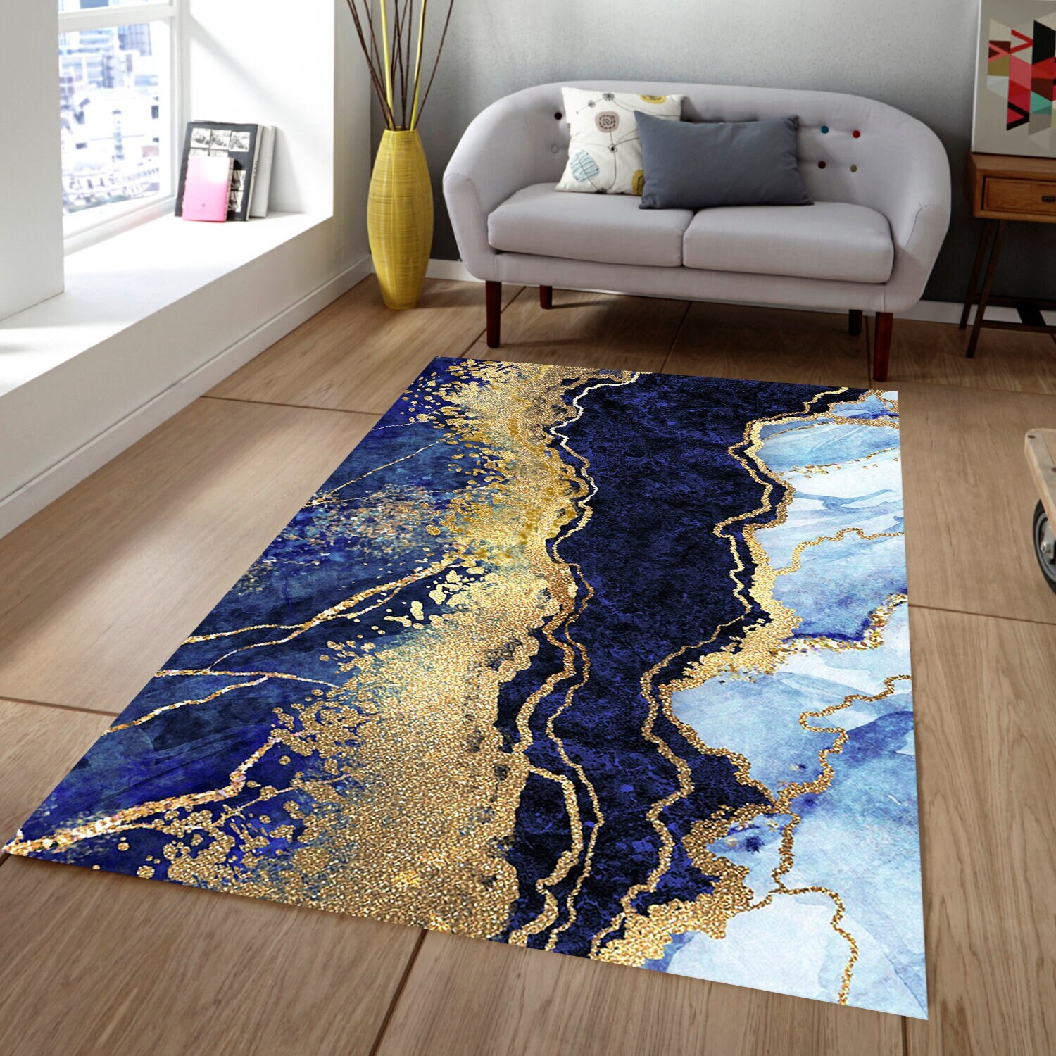 Marble Rug, Navy Blue Marble Rug, Marble Patterned Rug, Living Room Rug ...