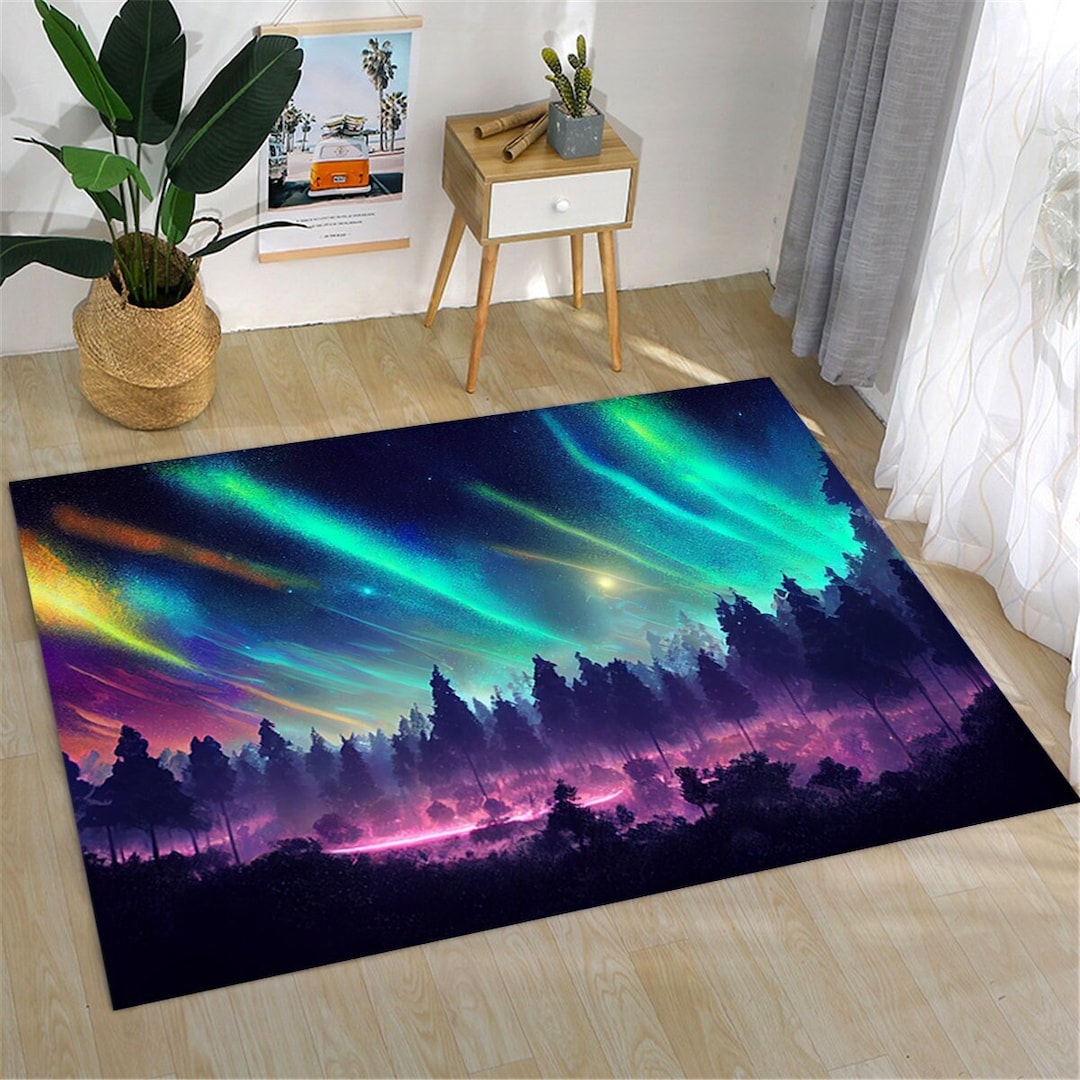 Northern Lights Rug, Tree Rug, Forest Rug, Glowing Rug, Colorful Rug ...