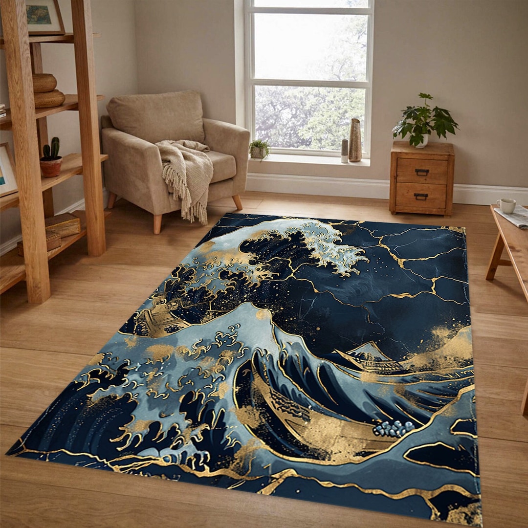Navy Blue and Golden Yellow Rug, Kintsugi Pattern Rug, Wave Pattern Rug ...