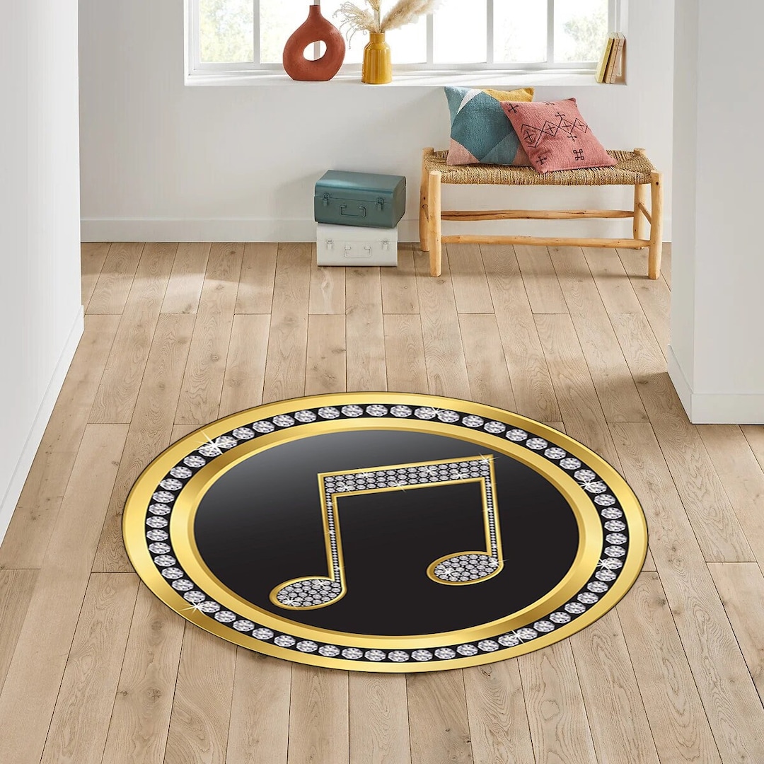 Music Note Rug, Music Note Round Rug, Gold Round Rug, Diamonds Pattern ...